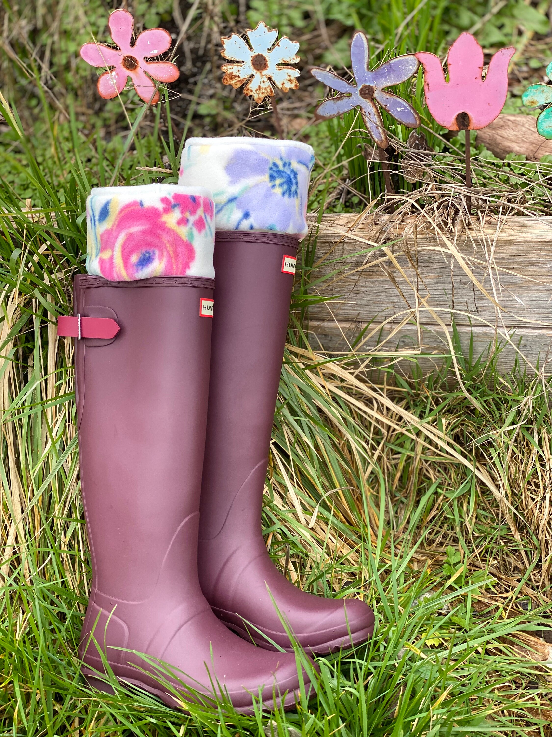 Watercolor Floral Fleece Rain Boot Liners - Ivory SLUGS Wellington ...
