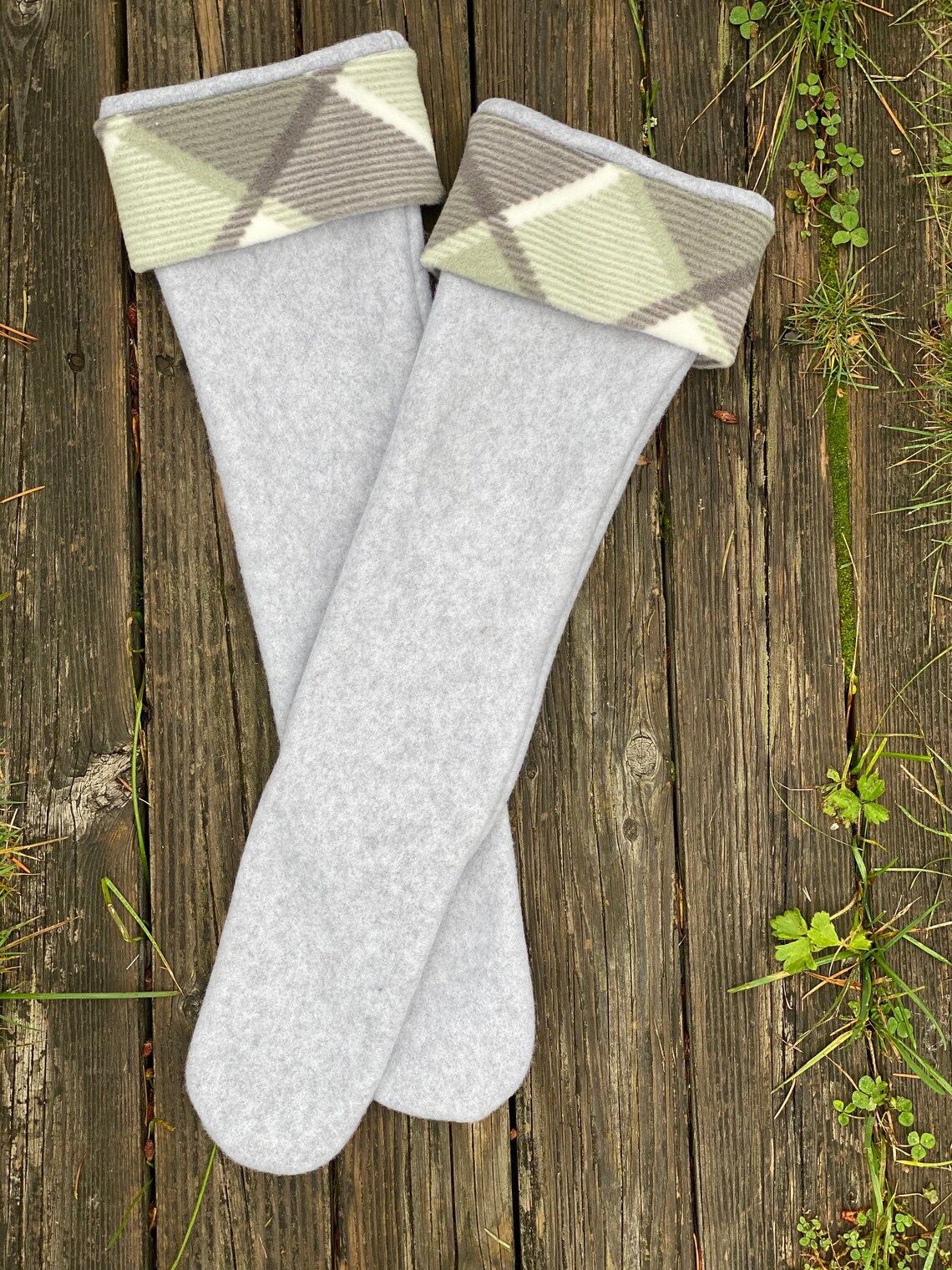 SLUGS Fleece Rain Boot Liners Gray With Sage Green Plaid Tall | Etsy