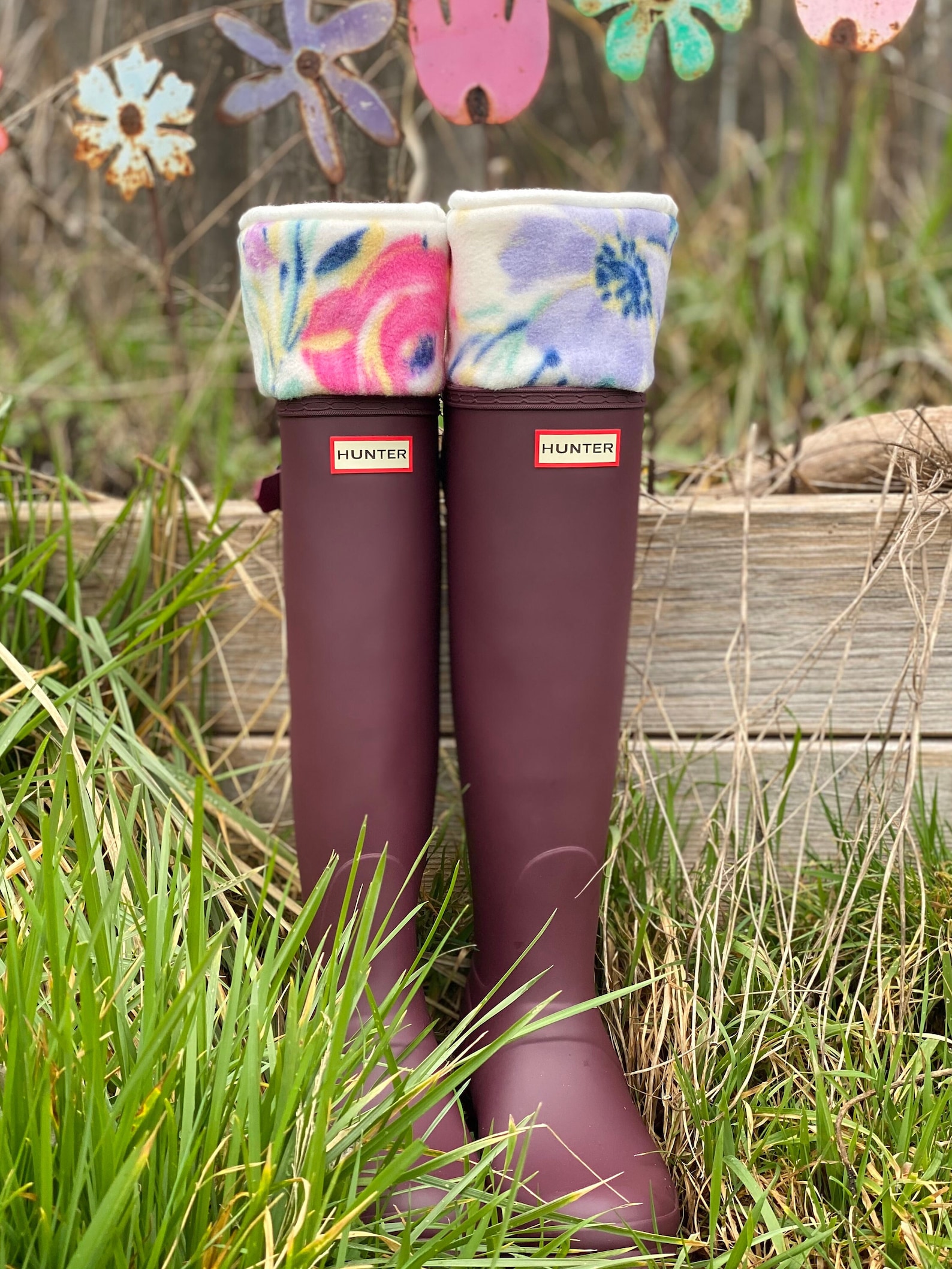 Watercolor Floral Fleece Rain Boot Liners - Ivory SLUGS Wellington ...