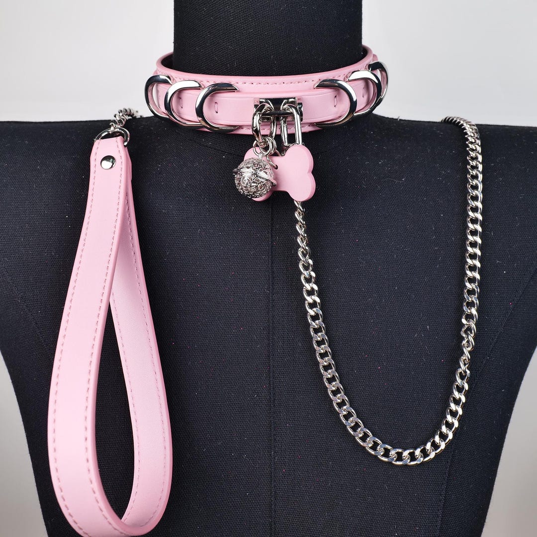 Adjustable Pink Leather Choker, Bone Tag and Detachable Chain, Day ...