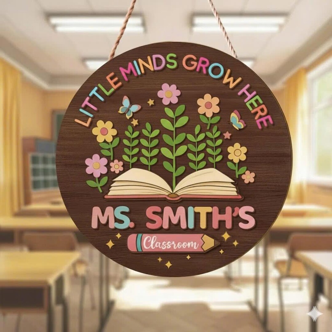 Custom Teacher Door Hanger, Little Minds Grow Here Teacher Name Door ...