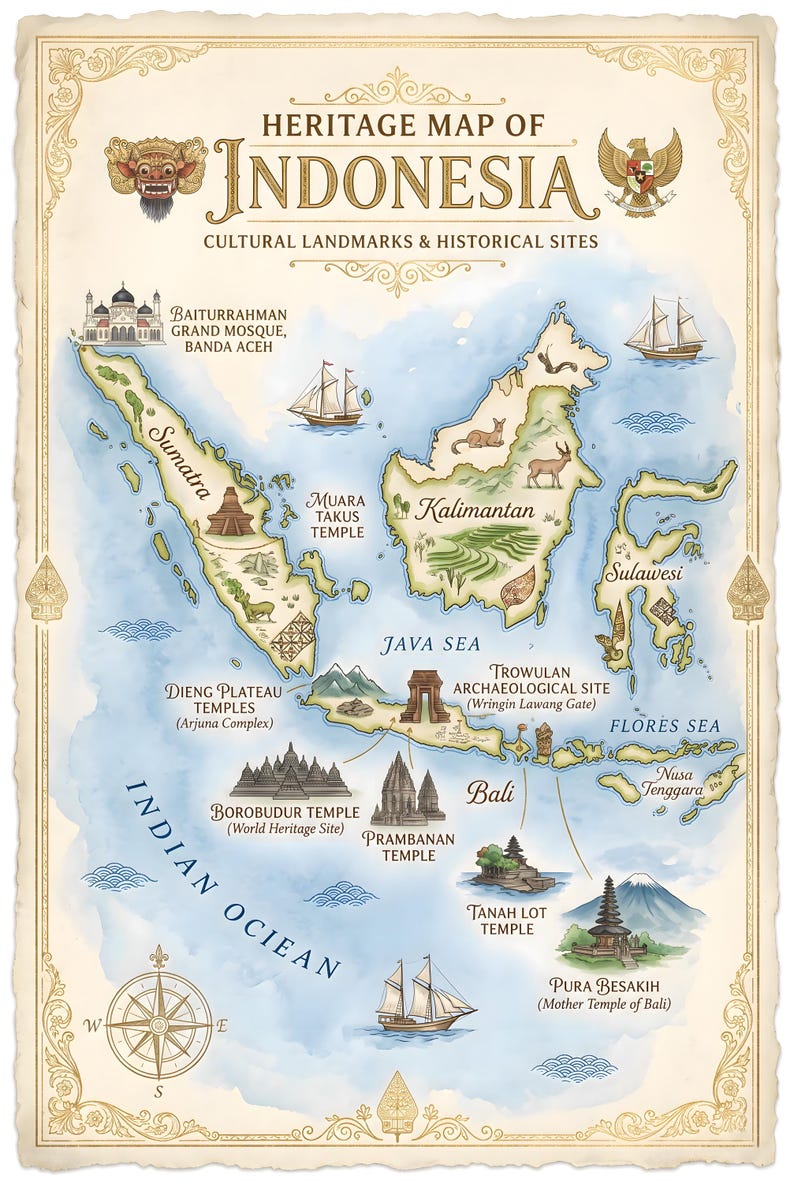 Indonesia Heritage Map | Vintage Cultural Landmarks Travel Poster ...
