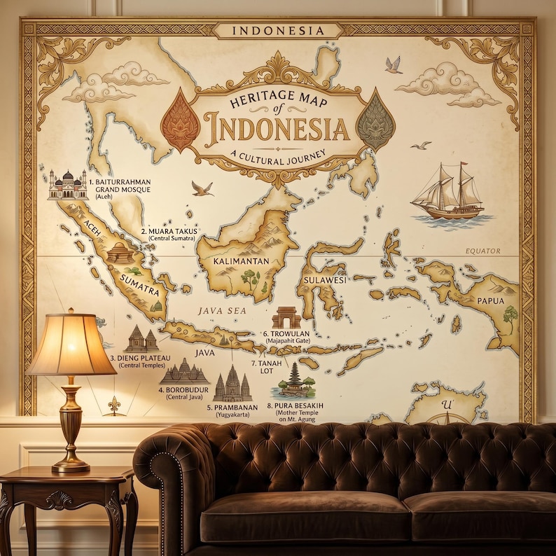 Indonesia Heritage Map | Vintage Cultural Landmarks Travel Poster ...