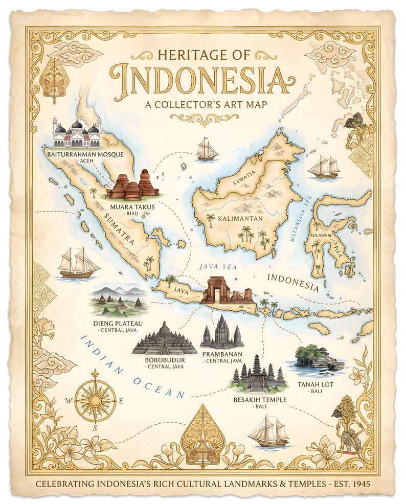 Indonesia Heritage Map | Vintage Cultural Landmarks Travel Poster ...