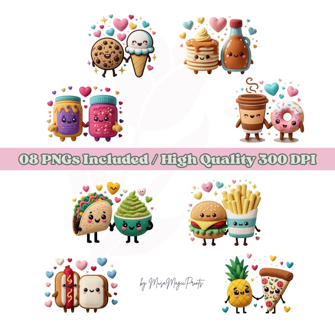Kawaii Food Couples Clipart Bundle PNG, Cute Food Characters Clipart ...