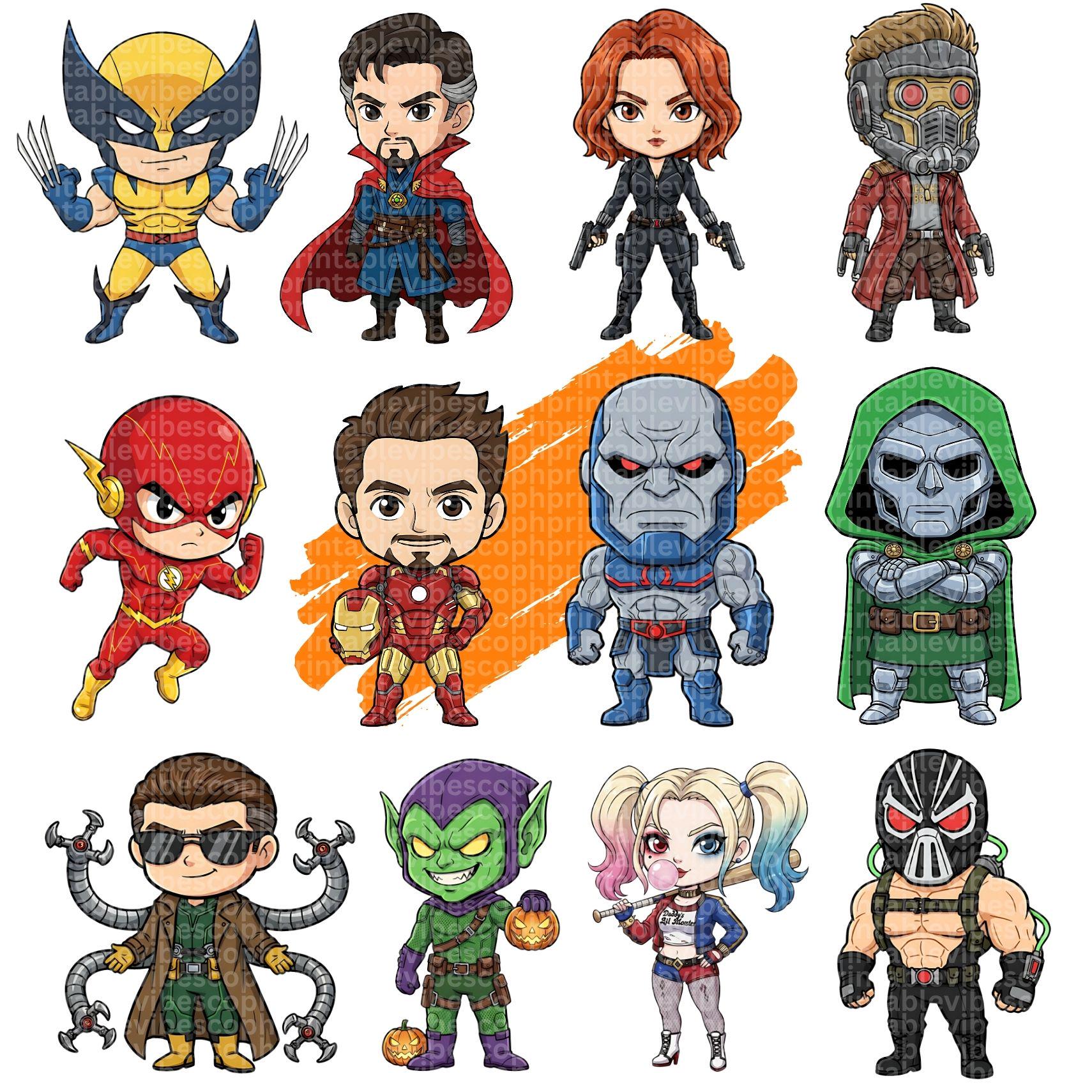 40 Chibi Super Heroes and Villians Clipart Bundle | Cute Comic Hero ...