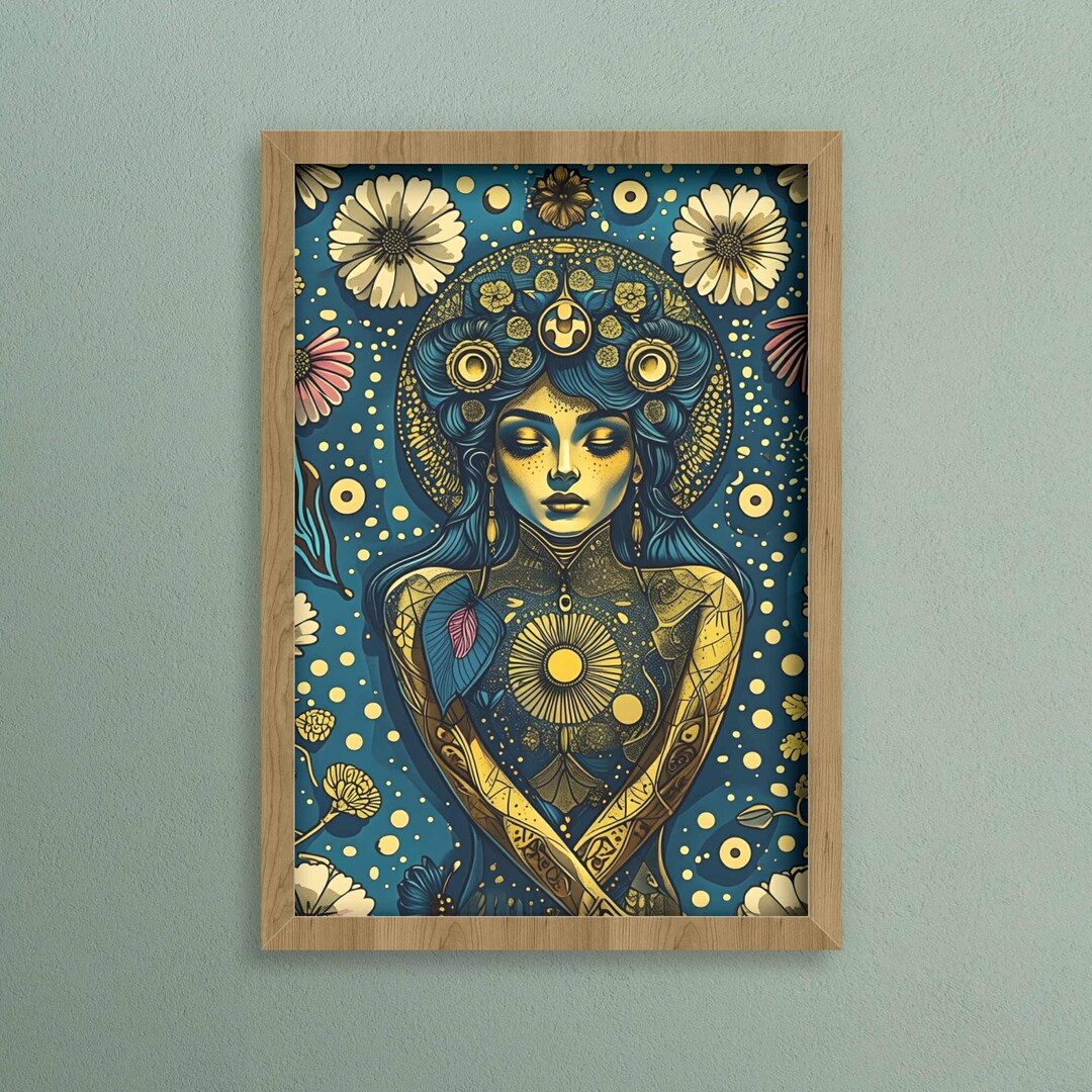 Golden Sun Mandala Goddess Art Print: Celestial Folk Art (digital ...