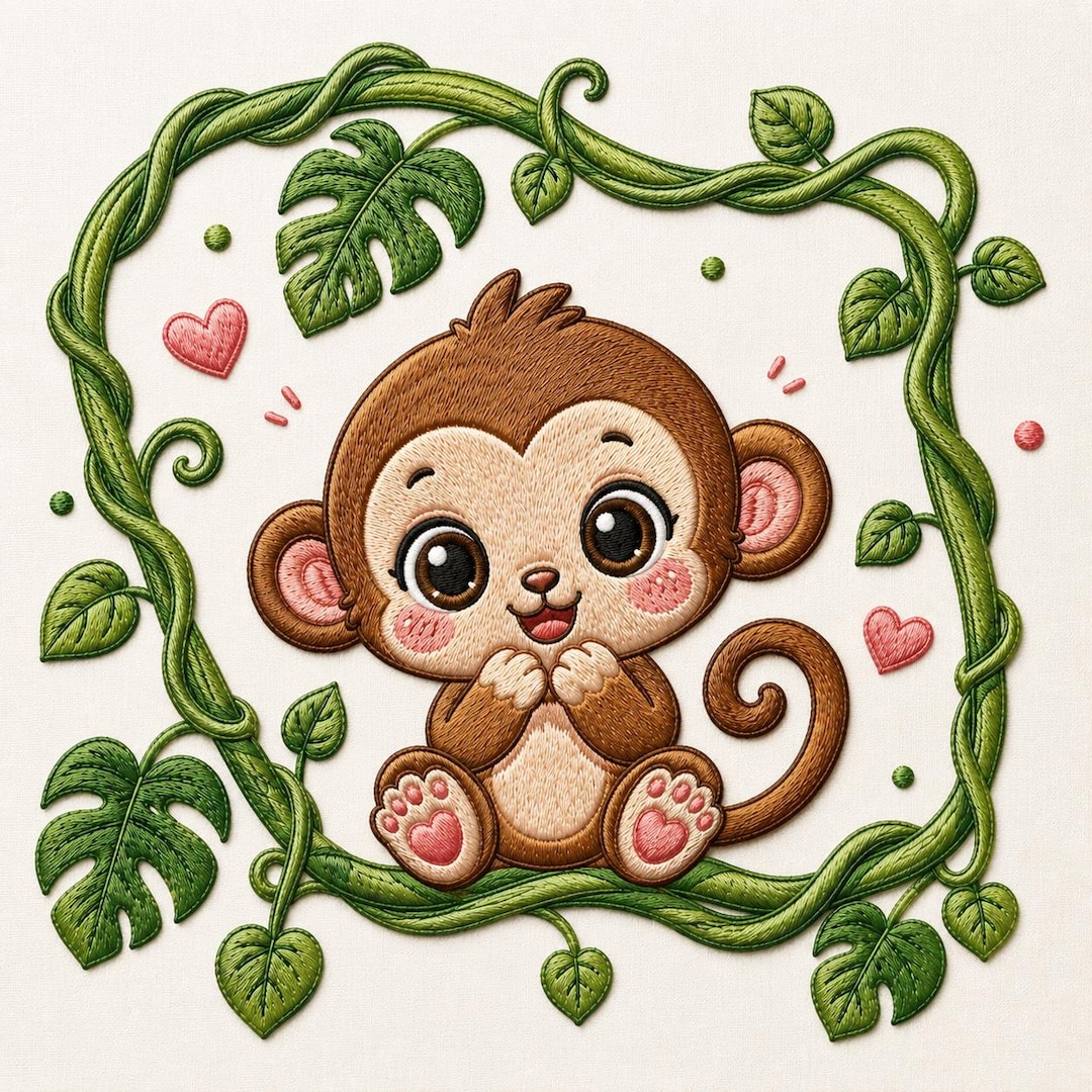 Cute Monkey Embroidery Design, Kawaii Baby Monkey With Jungle Leaves ...