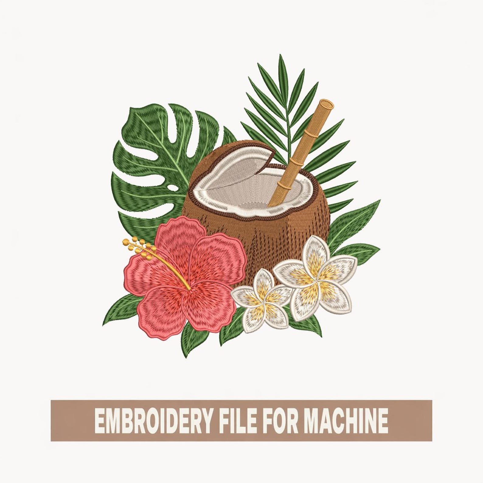 Tropical Coconut Embroidery Design, Coconut Drink Embroidery Pattern ...