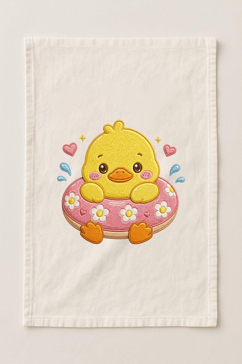 Cute Duck Float Embroidery Design, Kawaii Baby Duck in Floral Swim Ring ...