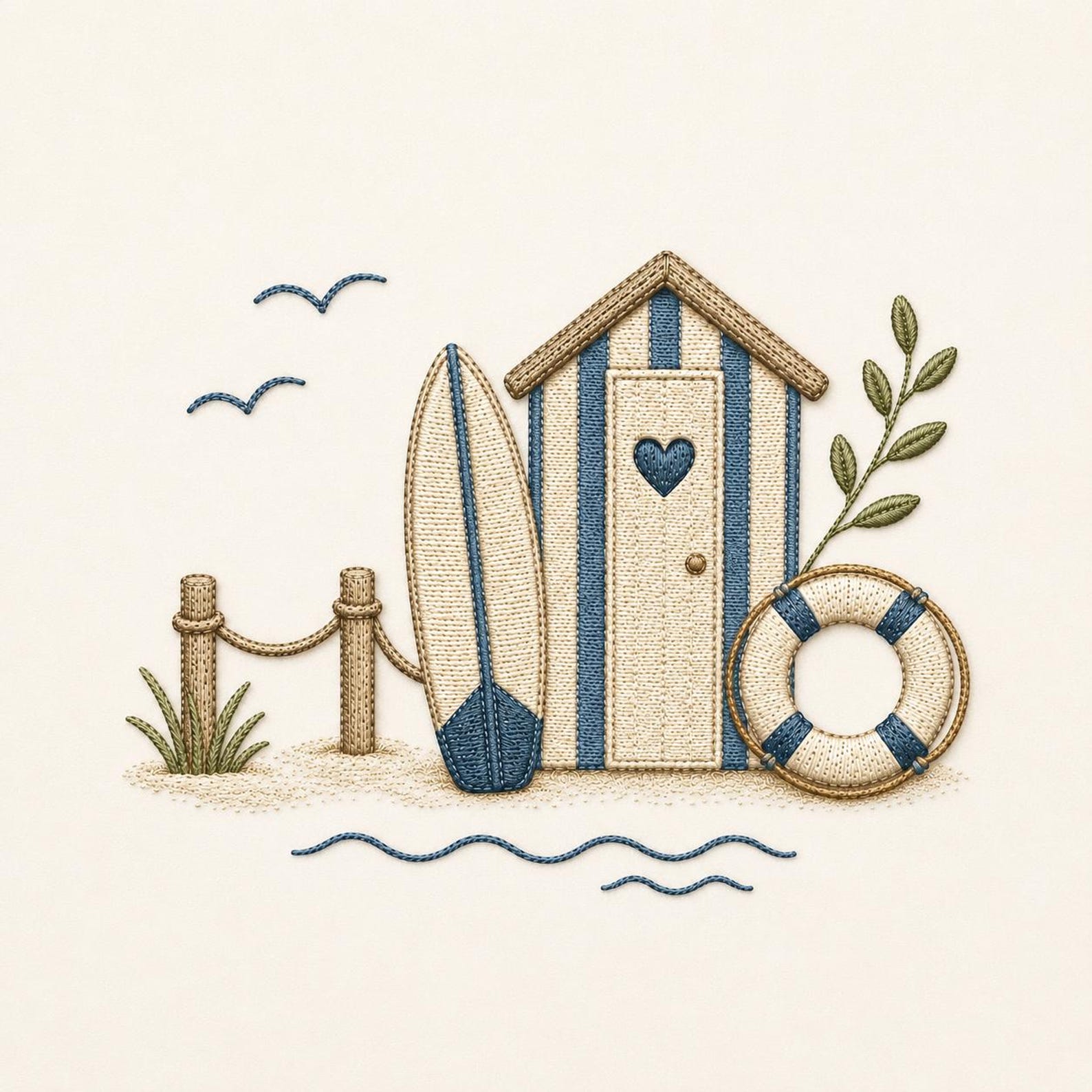 Beach Hut Embroidery Design, Coastal Beach House With Surfboard ...