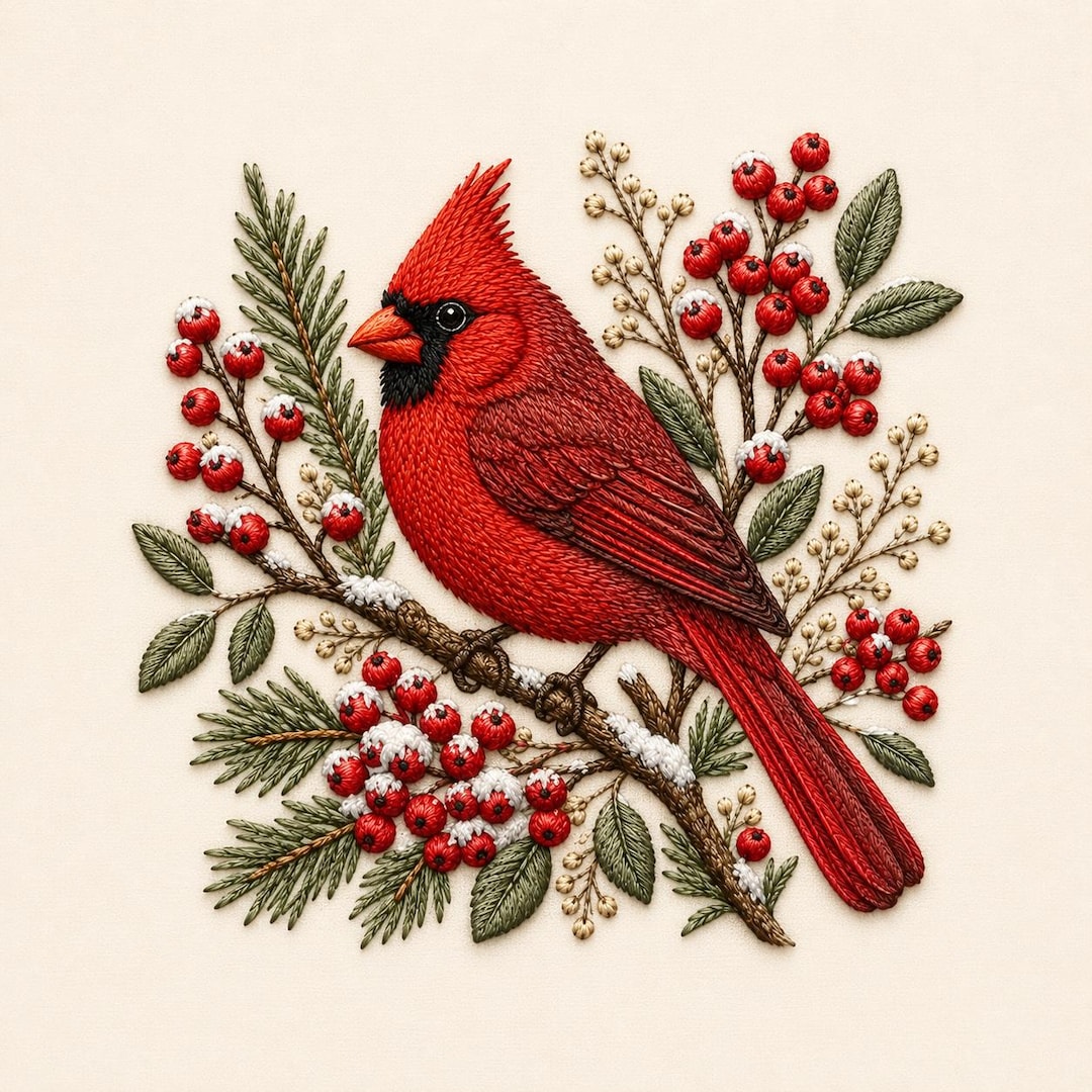 Cardinal Bird Embroidery Design, Red Cardinal With Winter Berries ...