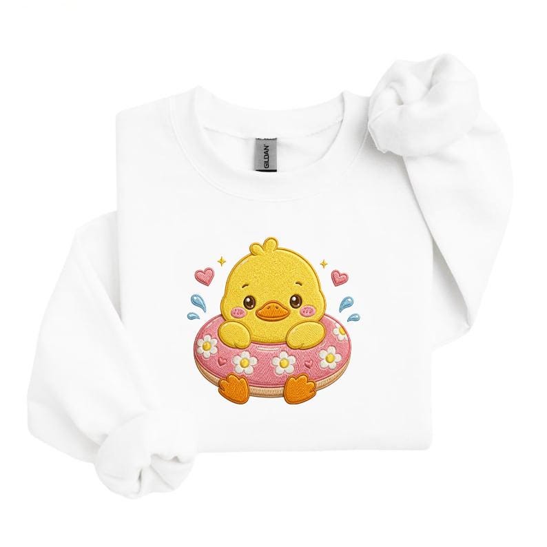 Cute Duck Float Embroidery Design, Kawaii Baby Duck in Floral Swim Ring ...