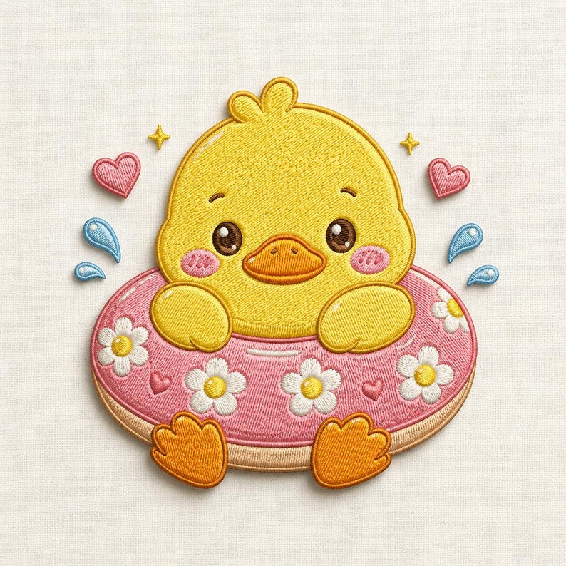 Cute Duck Float Embroidery Design, Kawaii Baby Duck in Floral Swim Ring ...