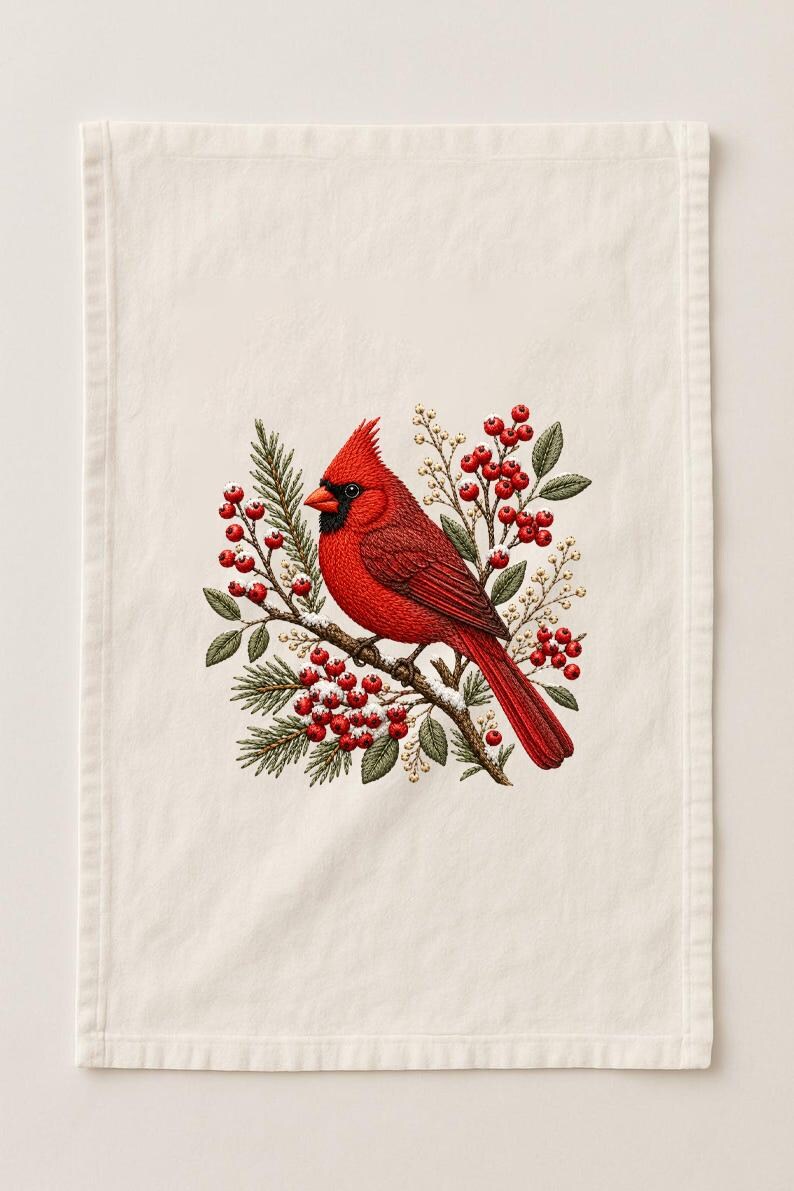 Cardinal Bird Embroidery Design, Red Cardinal With Winter Berries ...
