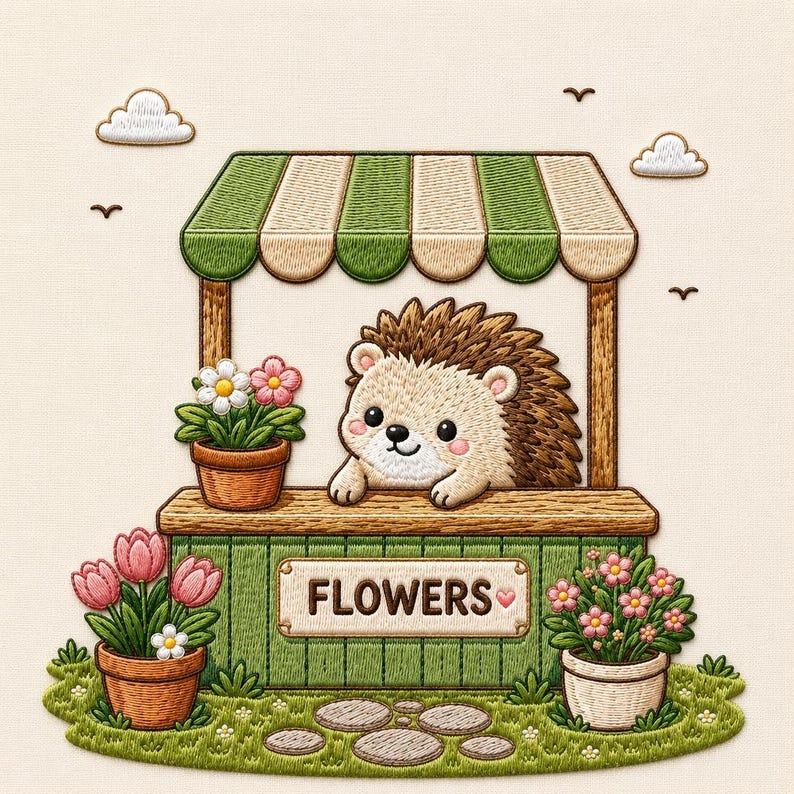 Hedgehog Flower Shop Embroidery Design, Cute Hedgehog Floral Market ...