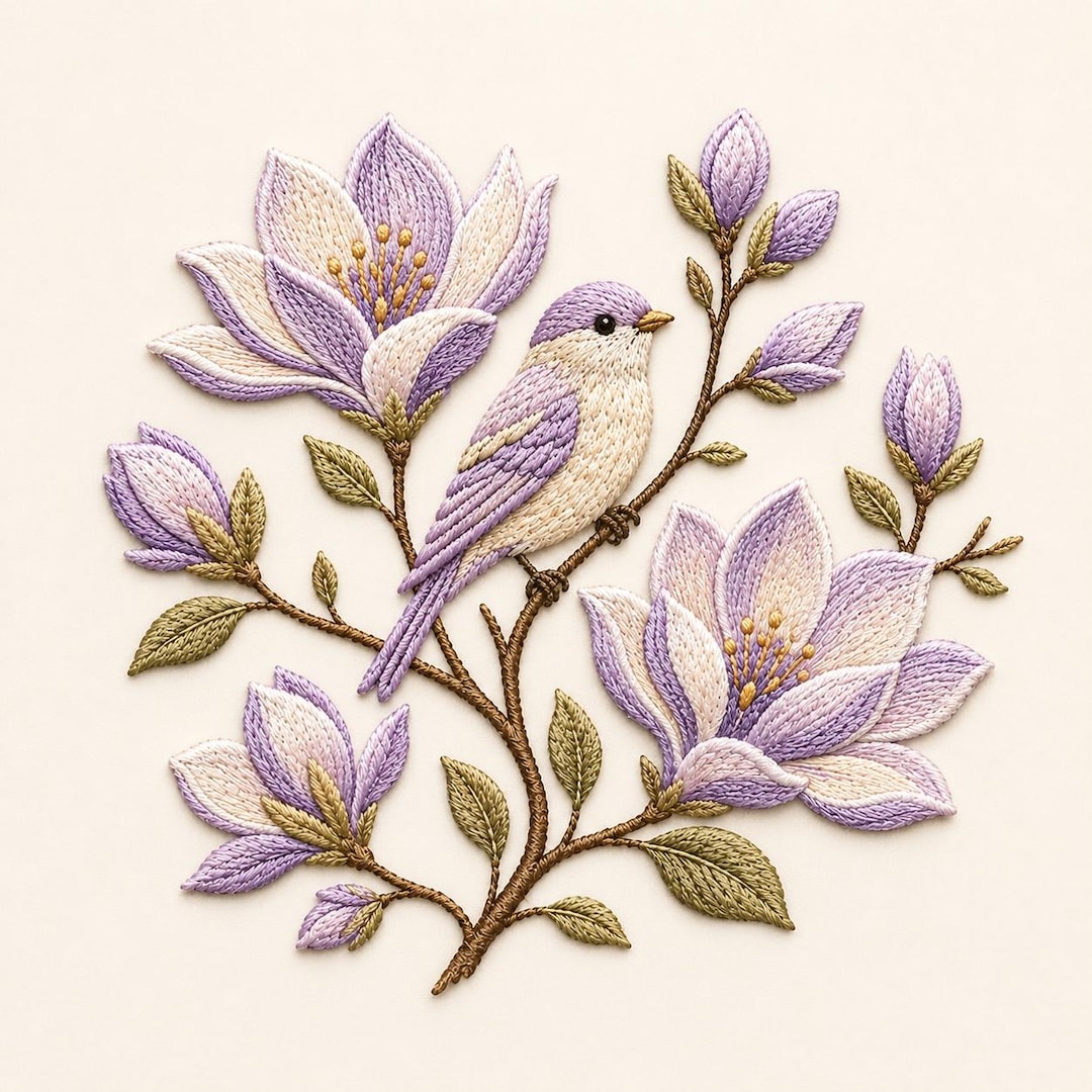 Bird and Magnolia Embroidery Design, Lavender Songbird With Blooming ...