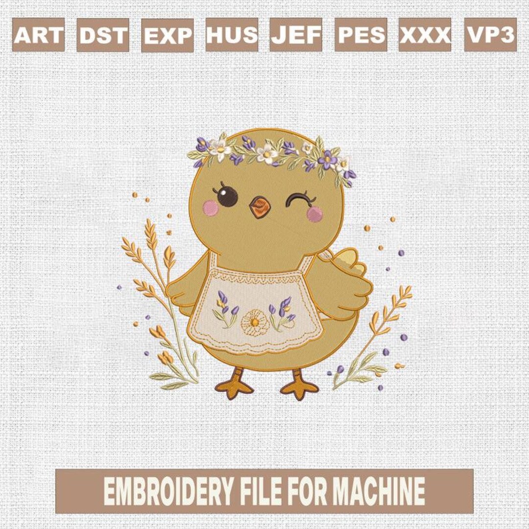Cute Chick Embroidery Design With Floral Apron, Spring Farm Animal Baby ...