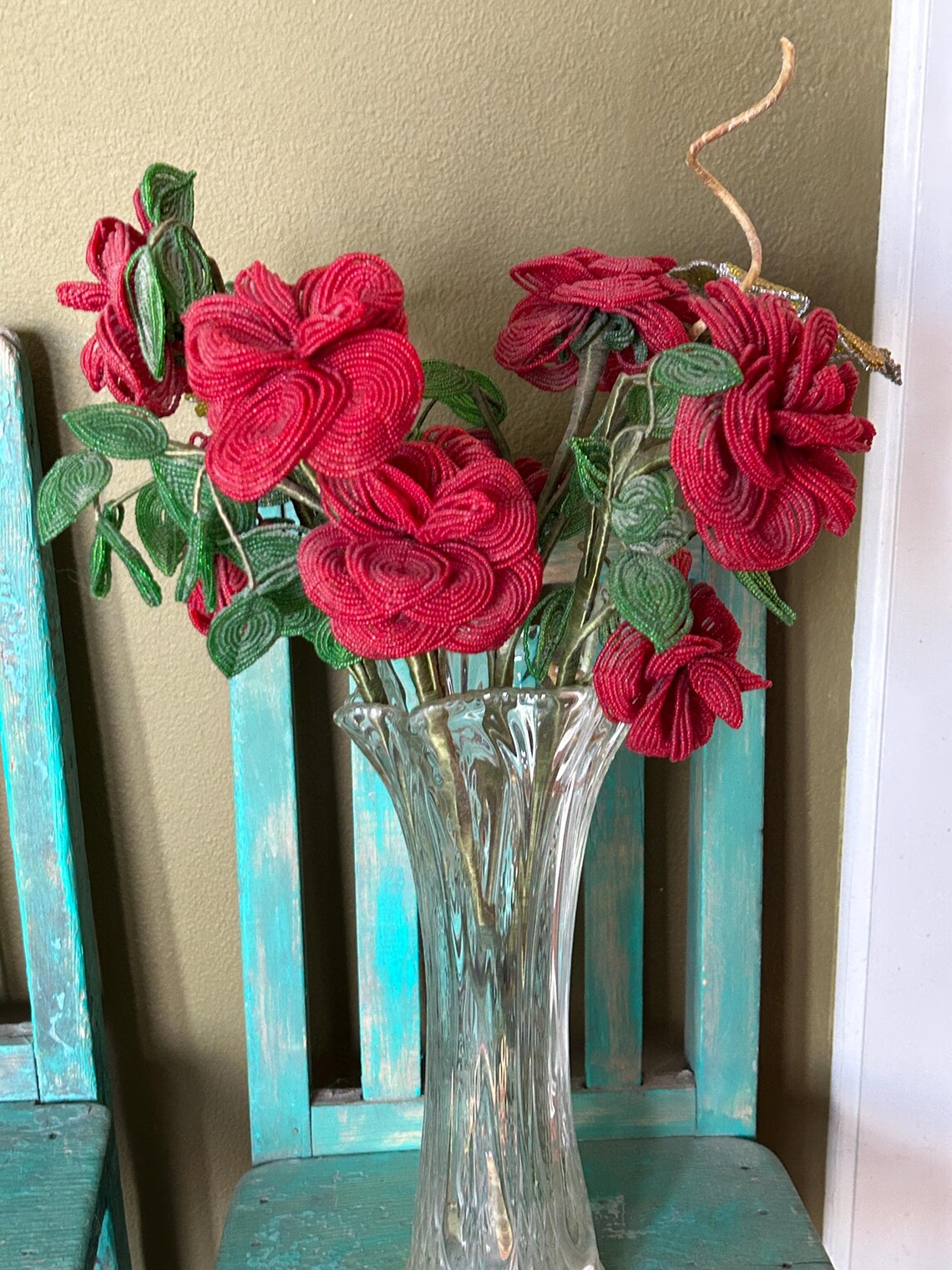 Large Vintage Beaded Roses / Flowers Red,, Yellow 6 Total Long Stems 18 ...