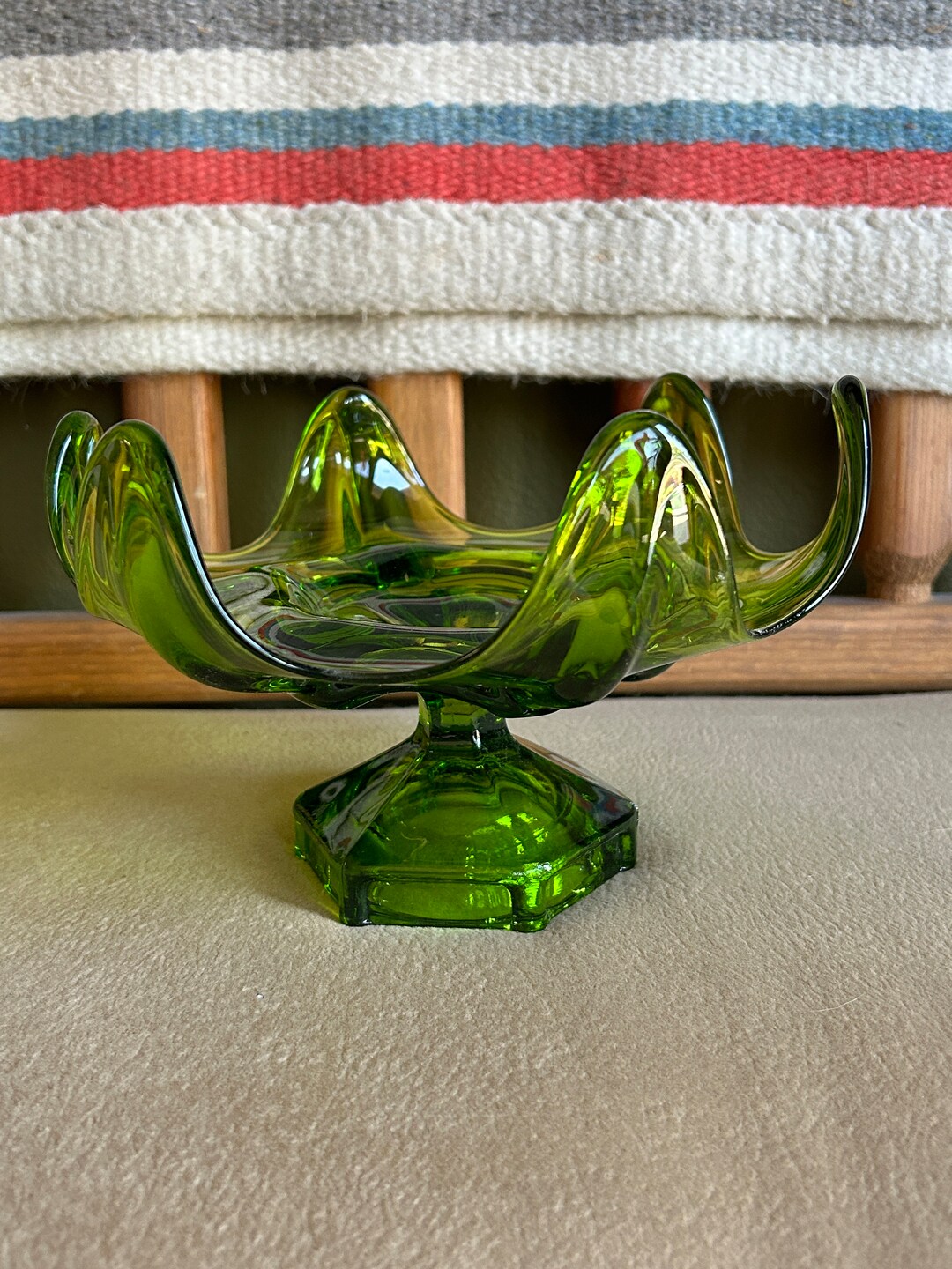 Vintage Green Glass Handkerchief Pedestal Console Bowl Viking Glass USA ...
