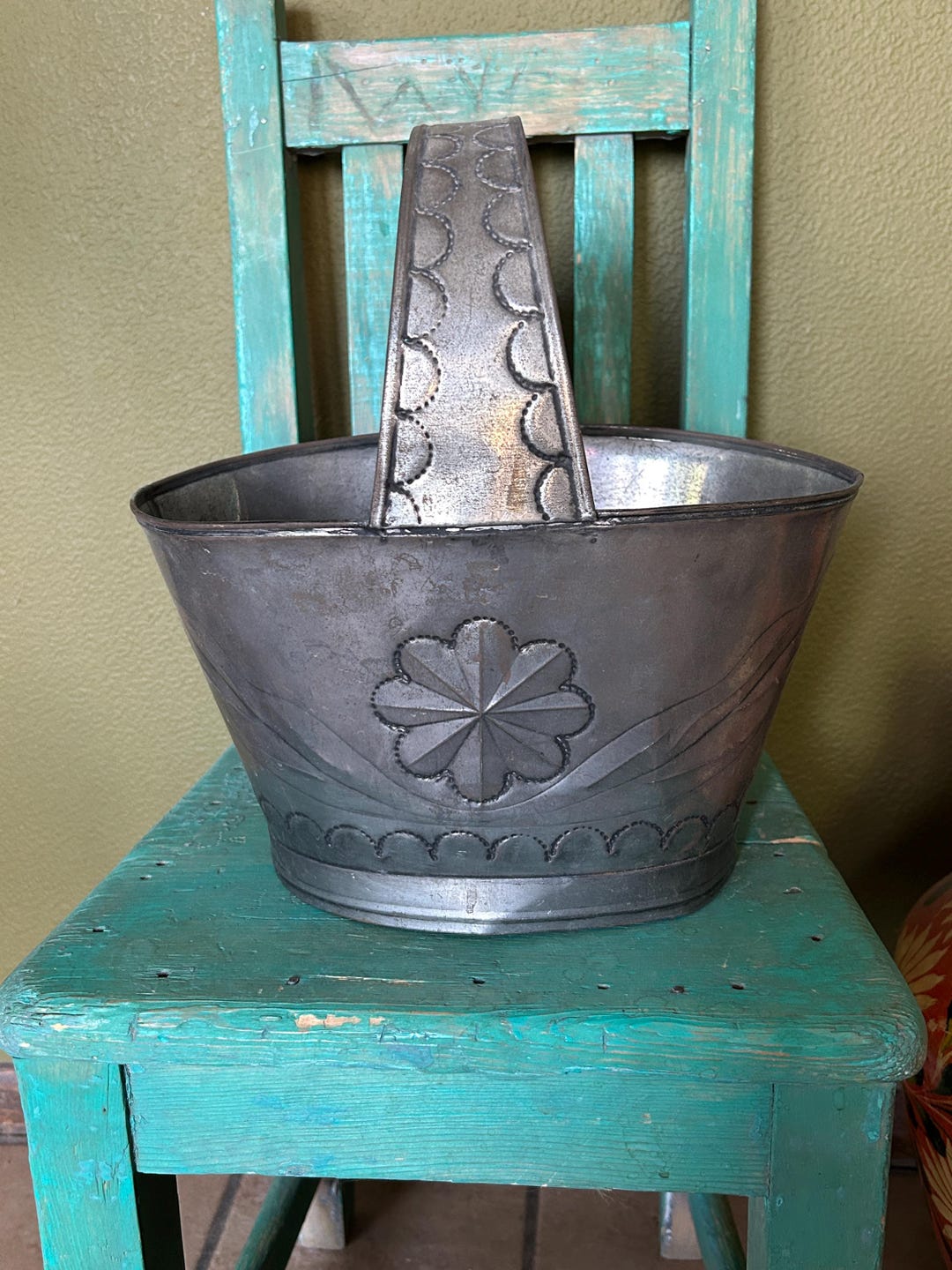 Vintage Punched Tin Metal Basket Mexico Flower Design - Etsy
