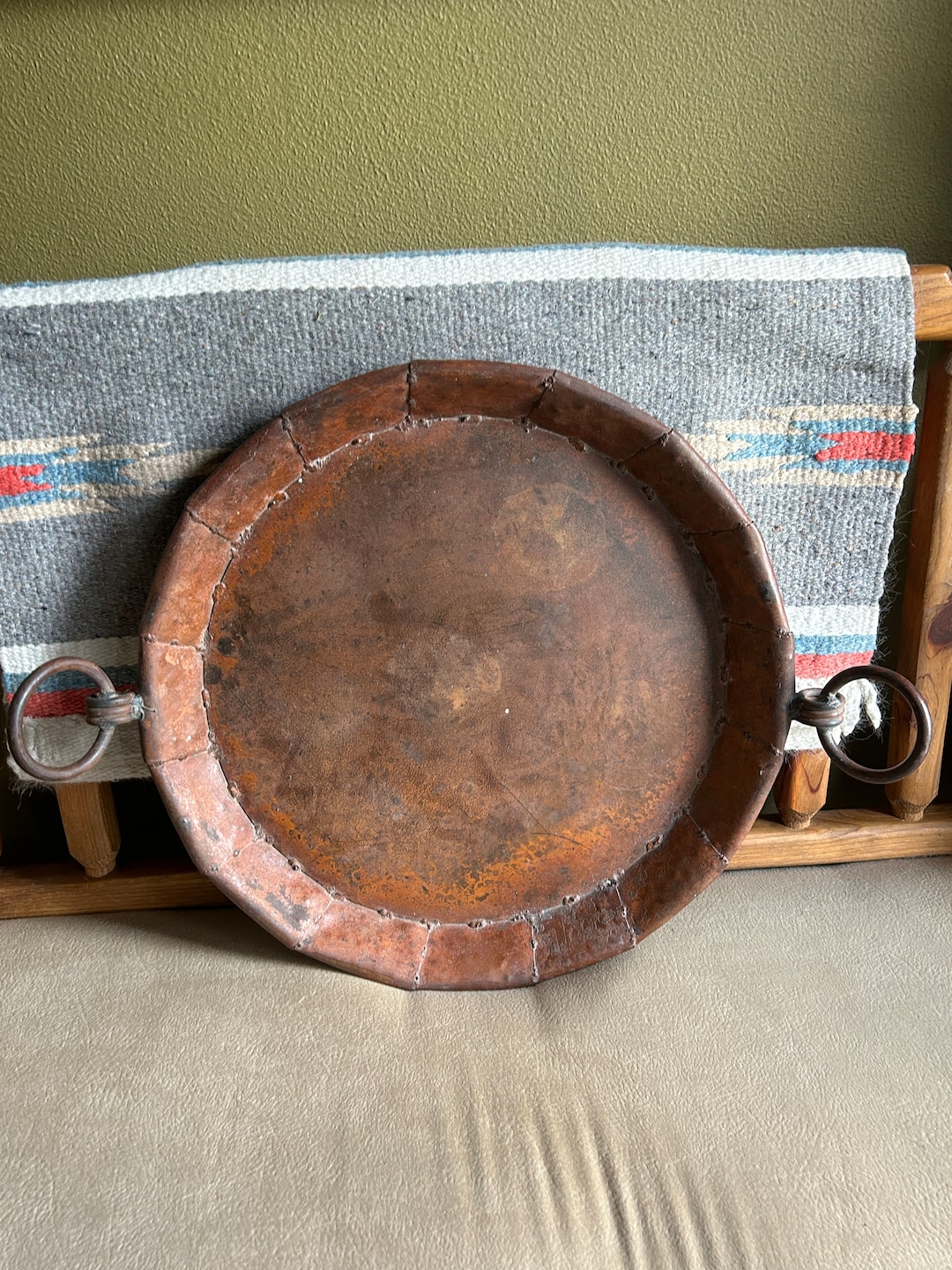 Large Round Metal Tray With Handles Hand Forged Import - Etsy