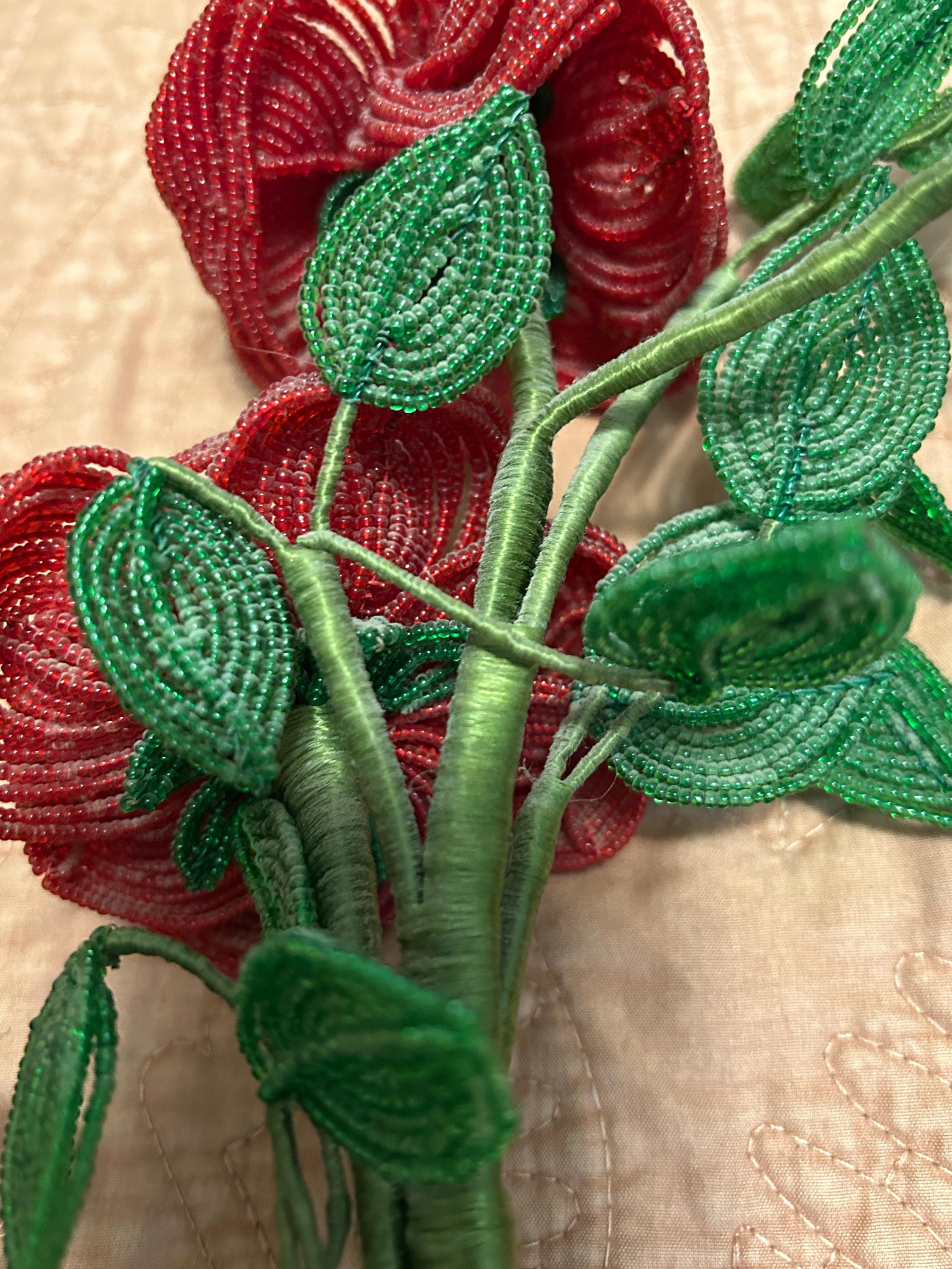Large Vintage Beaded Roses / Flowers Red,, Yellow 6 Total Long Stems 18 ...