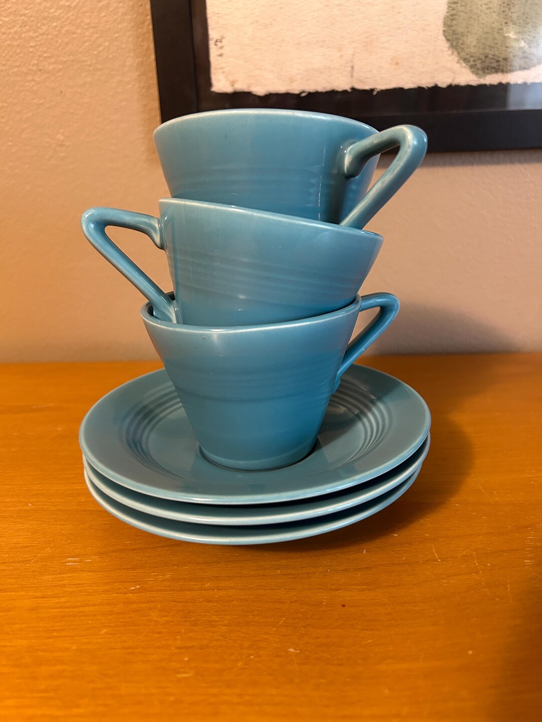 Vintage Turquoise Cups + Saucers Set of 3 Banding - Etsy