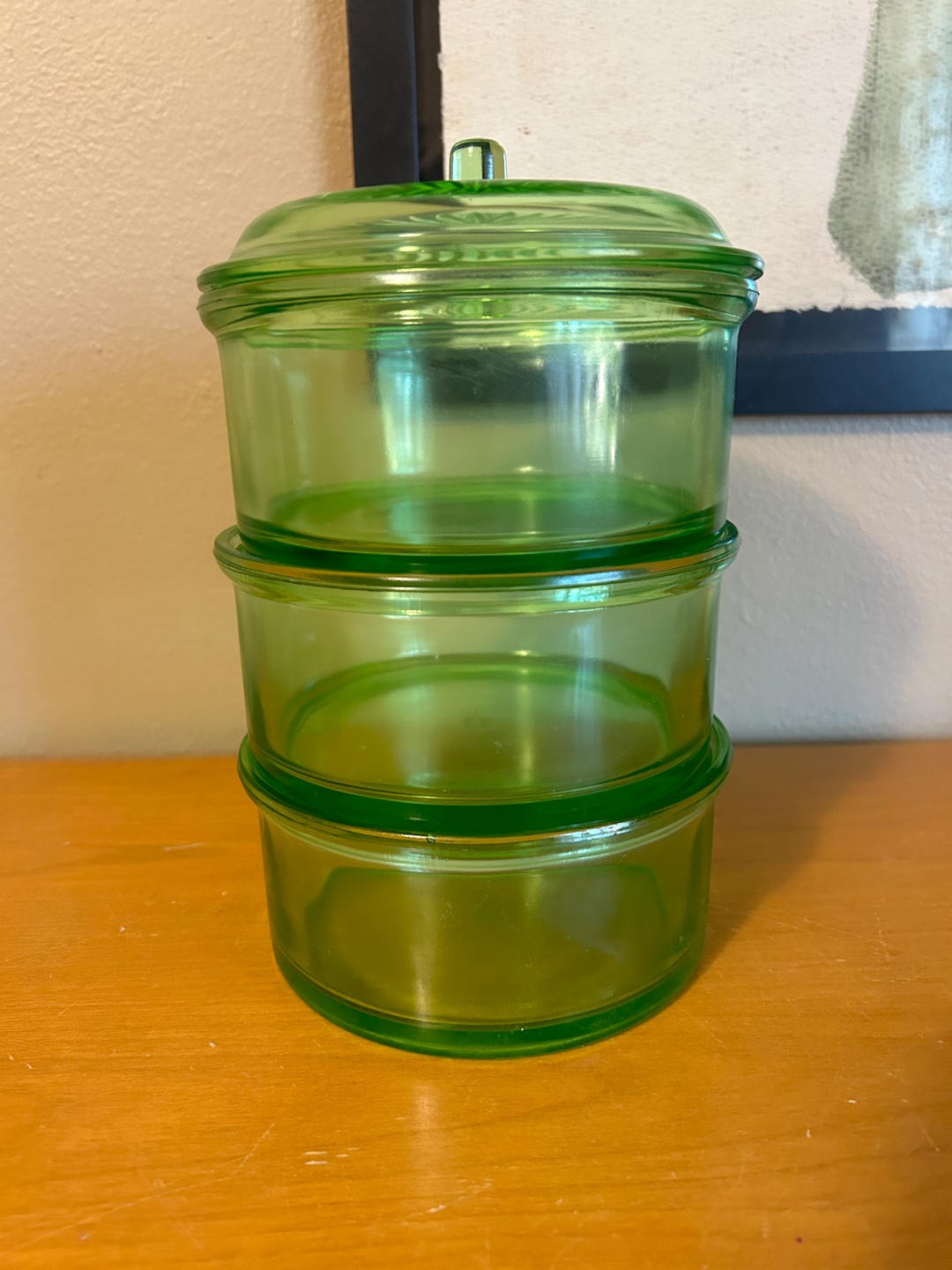 Vintage Green Uranium Glass Round Stacking Refrigerator Containers W ...