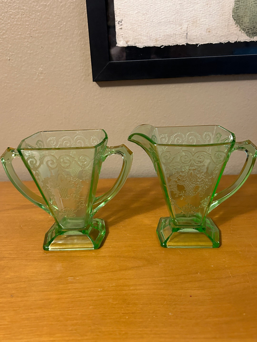Vintage Lorain Basket Green Depression Creamer and Open Sugar Bowl ...