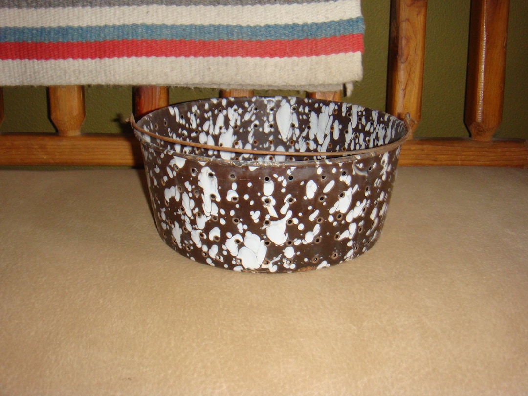 Antique French Enamelware Spatterware Pail Bucket With Handle Colander ...