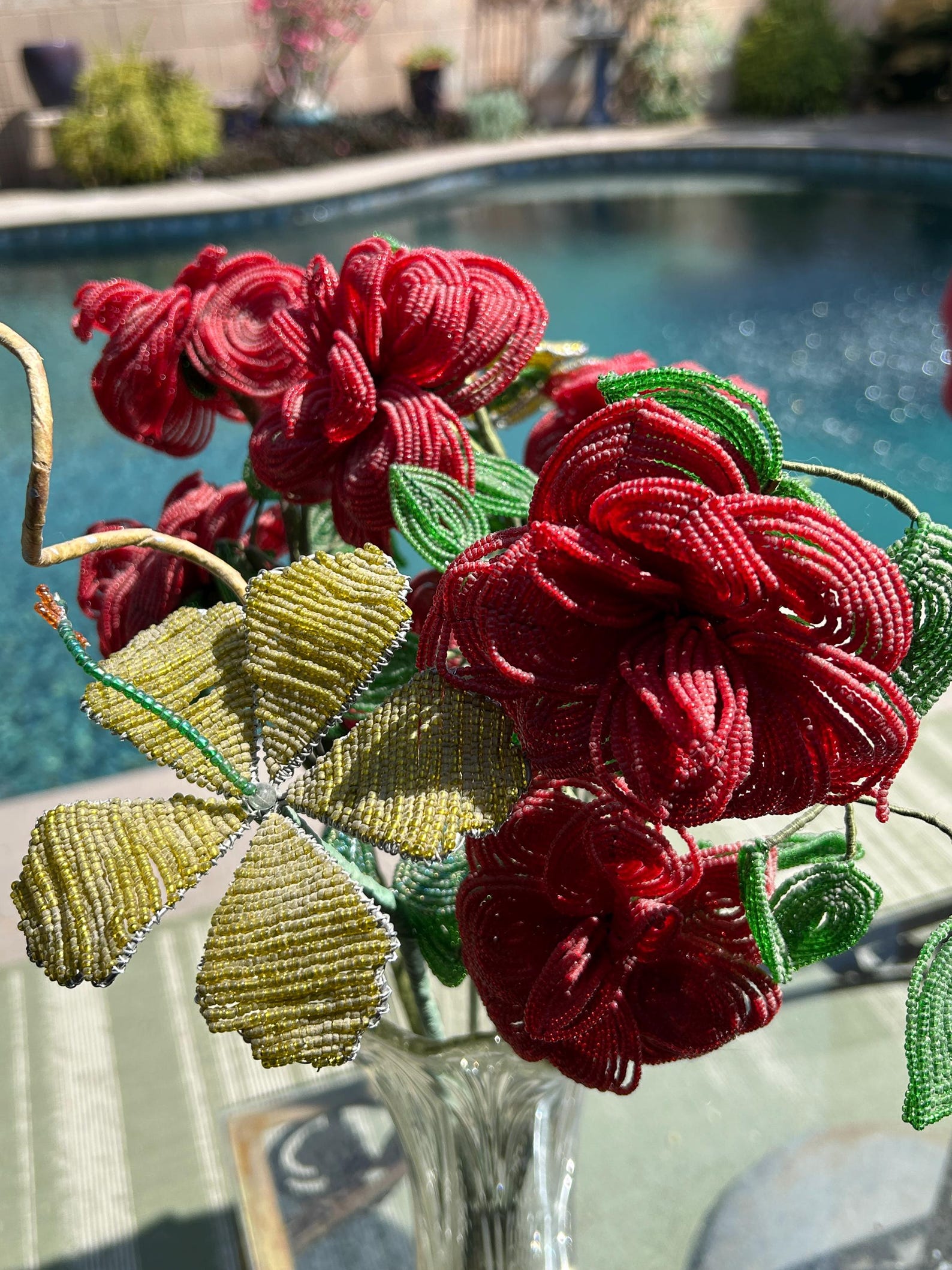 Large Vintage Beaded Roses / Flowers Red,, Yellow 6 Total Long Stems 18 ...