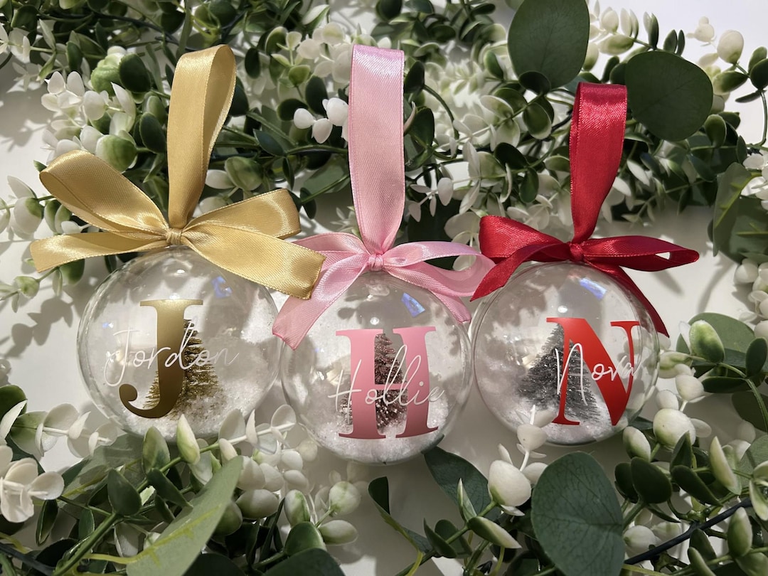 Personalised Christmas Name Bauble, Filled With Snow and Tree, Acrylic ...