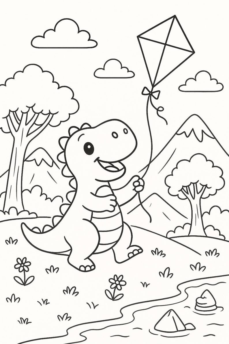 Cute Dinosaur Doodle Coloring Page - Kids Printable Activity (digital ...