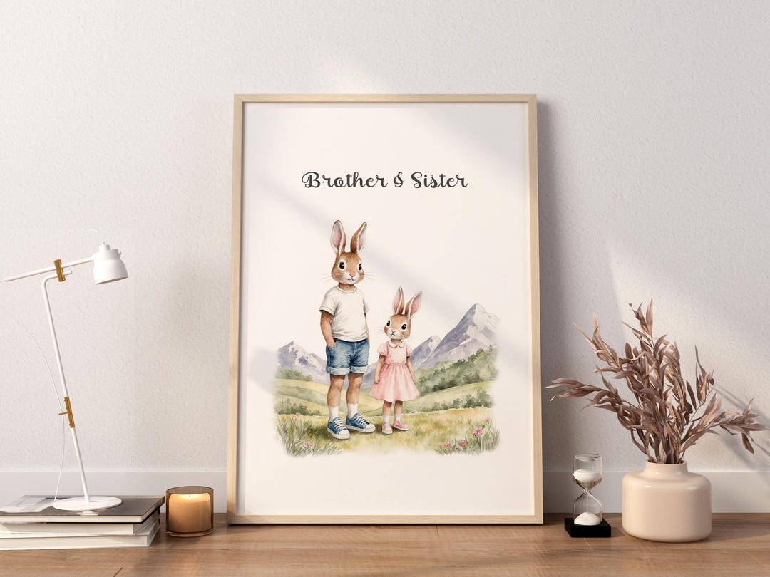 Brother and Sister Bunny Wall Art – Whimsical Rabbit Print for Nursery ...