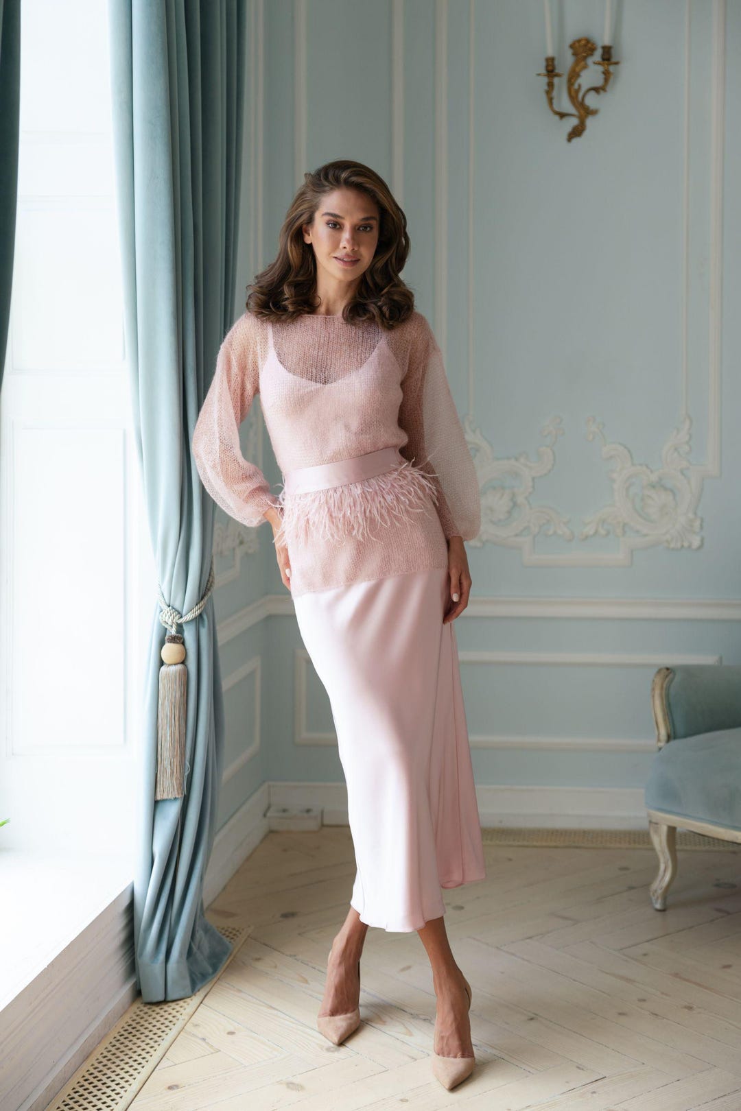 Sheer Knit Sweater Blush Pink, Transparent Long Sleeve Top, Lightweight ...