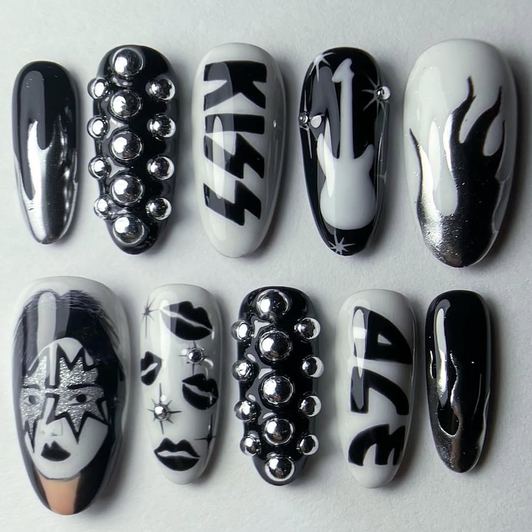 KISS Ace Frehley Tribute Press on Nails, Black White Rock Star Nail Art ...