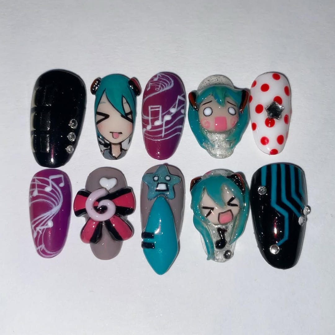 Chibi Anime Press on Nails, Teal Twin Tail Character Nails, Music Note ...