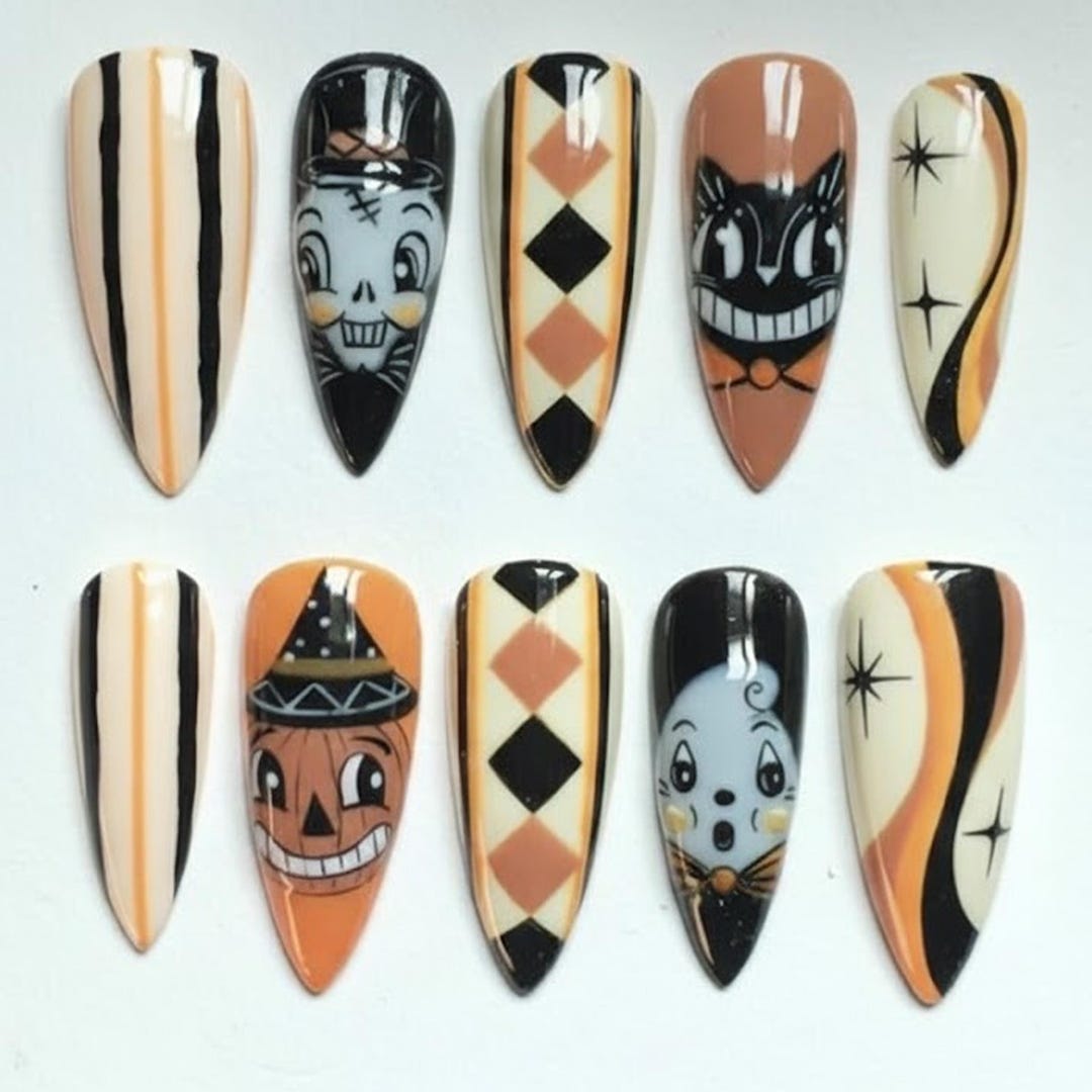 Harlequin Press on Nails, Pumpkin Ghost Nail Art, Orange Black Diamond ...