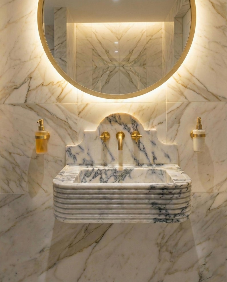 Custom Marble Sink, Wall Mounted Fluted Basin, Horizontal Ribbed Stone ...