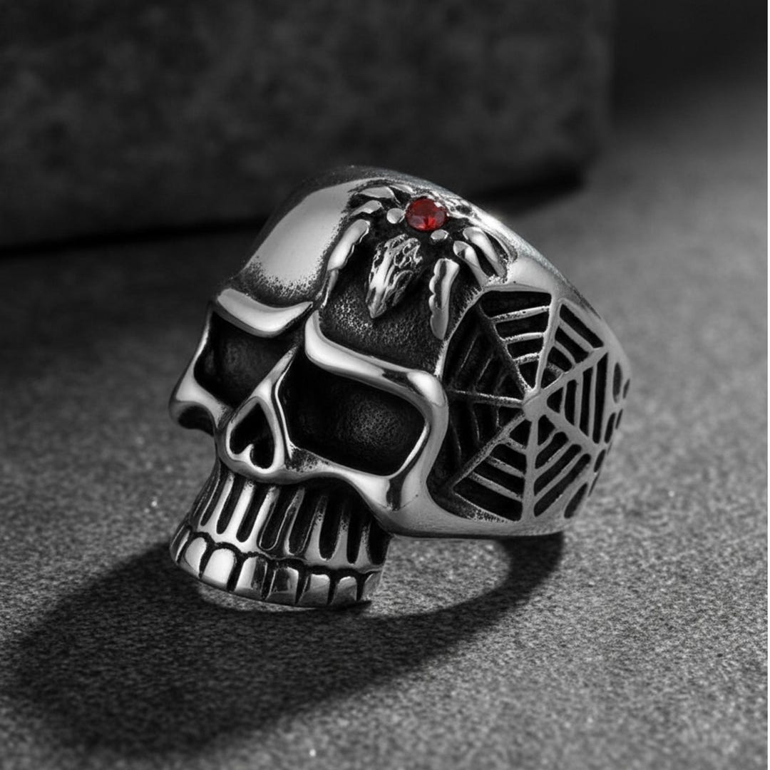 Stainless Steel Biker Skull Ring – Gothic Spider Wedding Band - Etsy