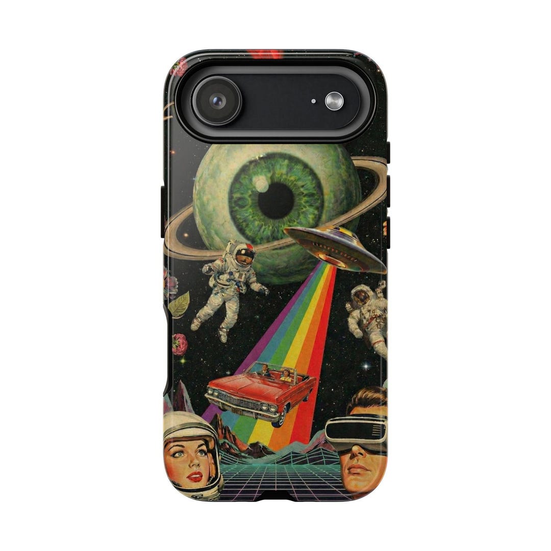 Retro Sci Fi Phone Case Surreal Space Art Green Eye Saturn UFO Vintage ...