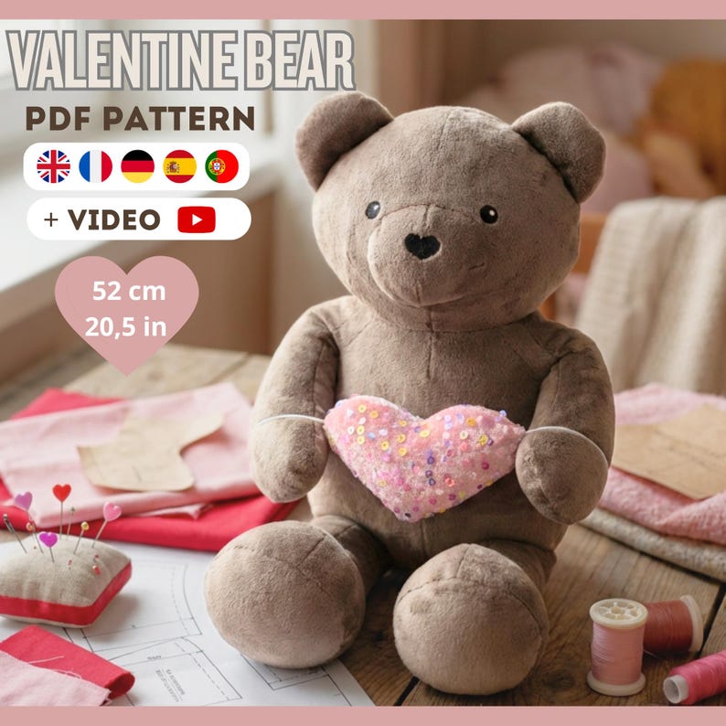 Valentine Teddy Bear Sewing Pattern PDF + Video | Bear With Heart ...
