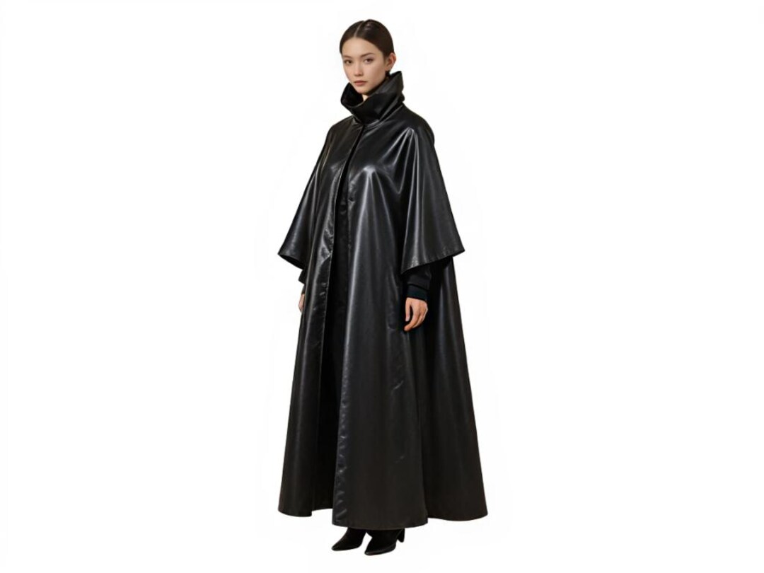 Handmade Black Leather Cape Coat for Women | High Neck Dramatic Long ...