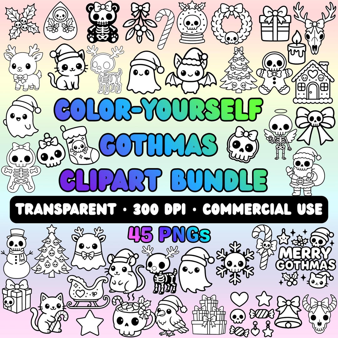 Gothmas Emo Christmas Santa Clipart PNG Bundle Color Yourself Line Art ...