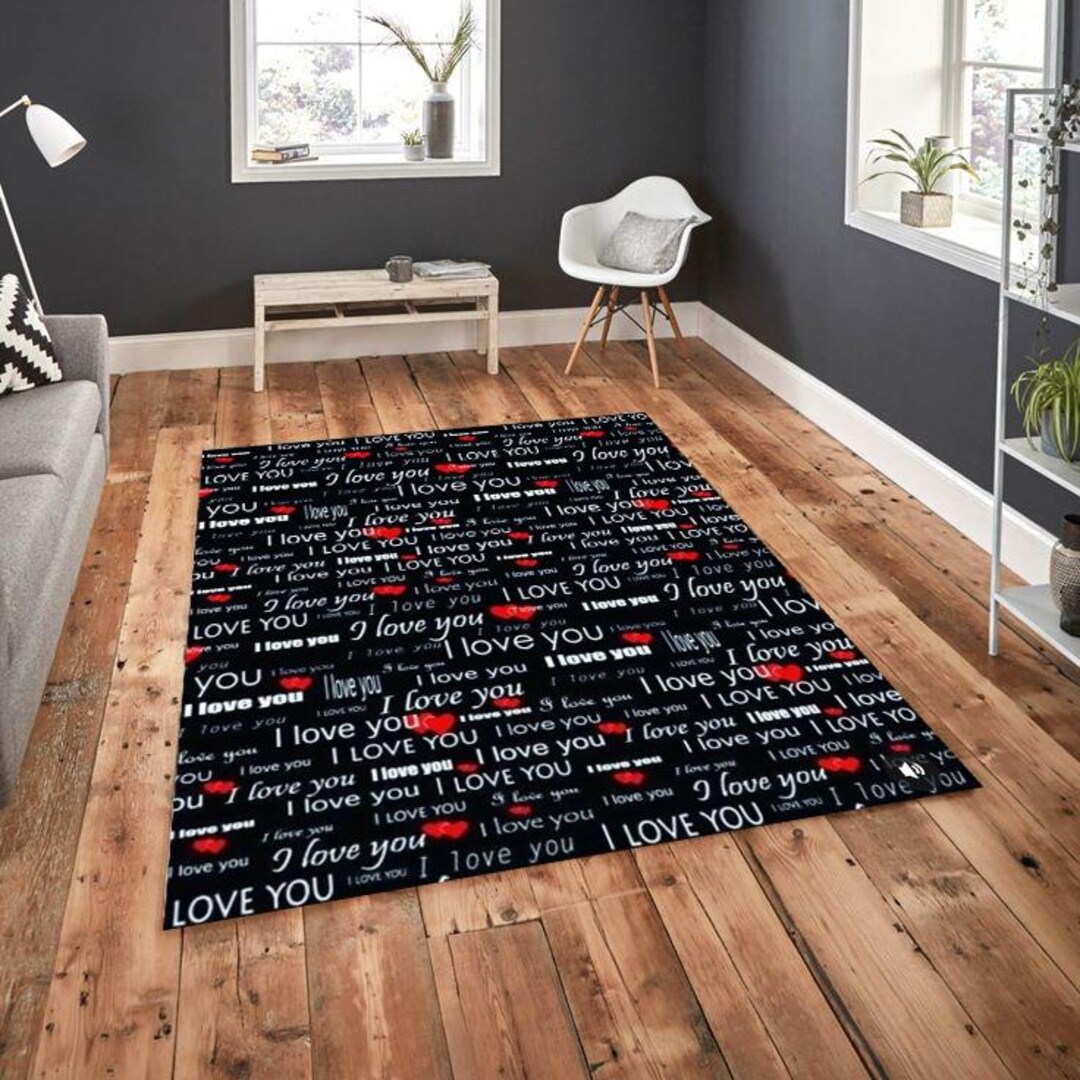 I Love You Text Rug, Black Romantic Typography Carpet, Red Heart Love ...