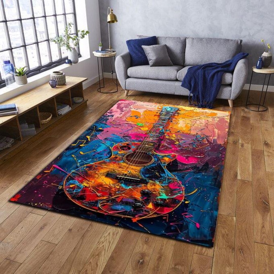 Neon Electric Guitar Art Rug – Colorful Music Themed Carpet, Abstract ...