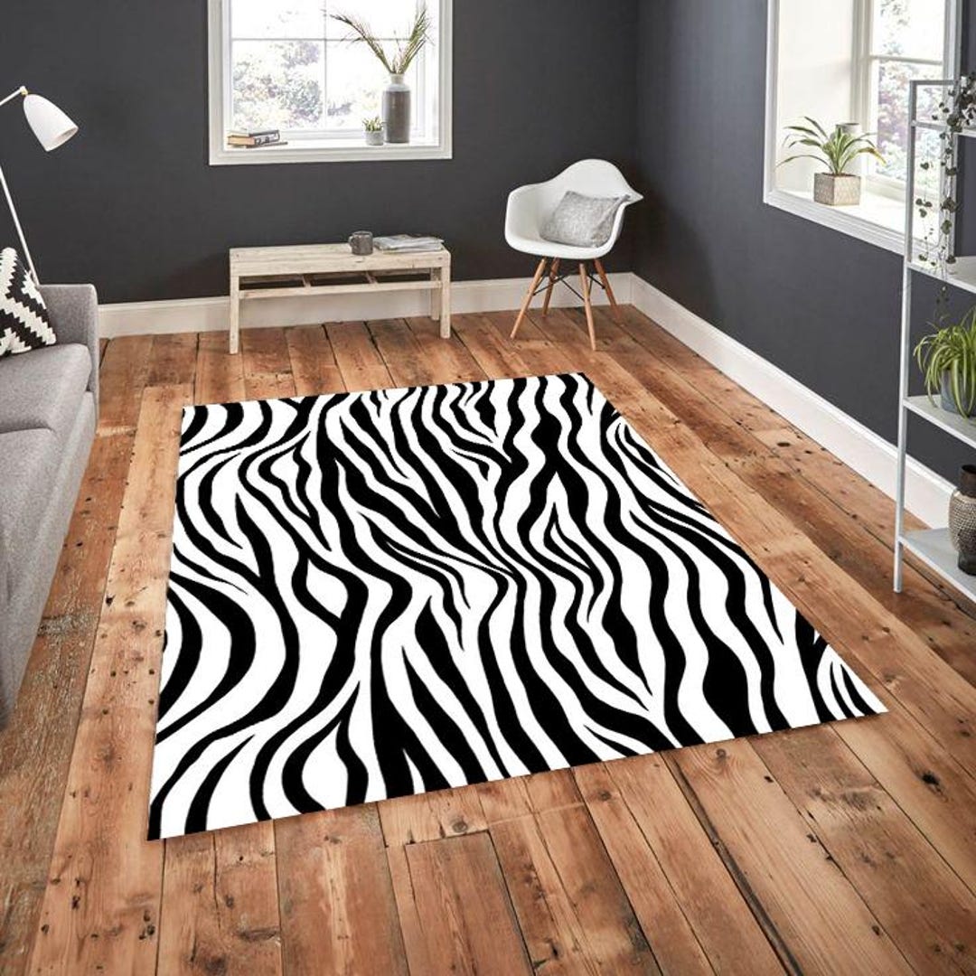 Zebra Print Rug, Black and White Animal Pattern Carpet, Modern Safari ...