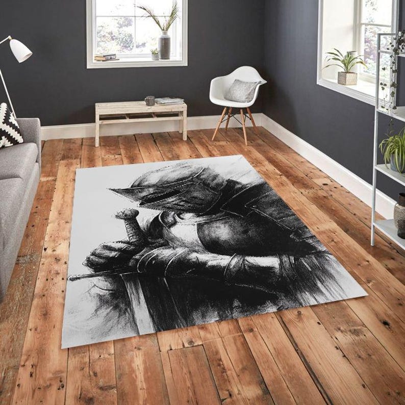 Medieval Knight Rug Dark Fantasy Warrior Carpet, Black White Armor Art ...