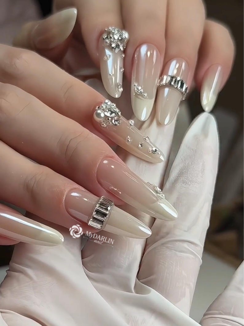 White Chrome Press Ons | Mirror French Tip Pearl Nails | Bridal Wedding ...